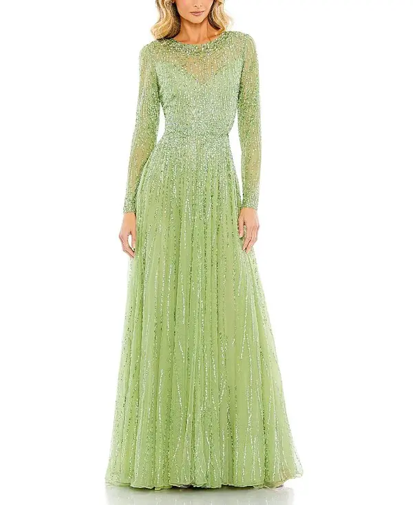 Mac Duggal Sequined Illusion High Neck Long Sleeve Gown - Sage
