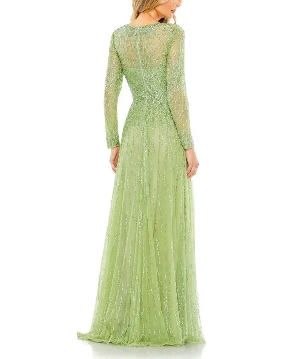 Mac Duggal Sequined Illusion High Neck Long Sleeve Gown - Sage