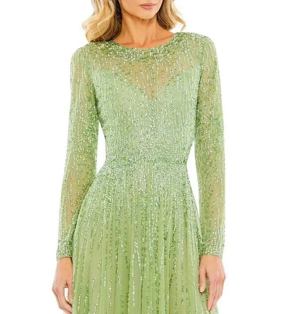 Mac Duggal Sequined Illusion High Neck Long Sleeve Gown - Sage