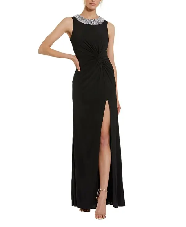 Mac Duggal Jersey Sleeveless Beaded Neck Gown With Twist