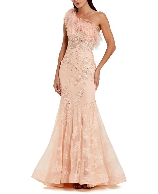 Mac Duggal One-shoulder Feather-embellished Mermaid Gown