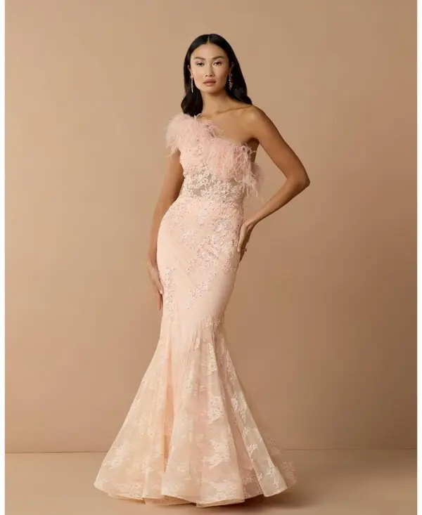 Mac Duggal One-shoulder Feather-embellished Mermaid Gown
