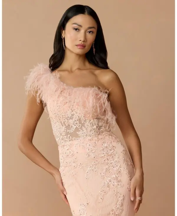 Mac Duggal One-shoulder Feather-embellished Mermaid Gown