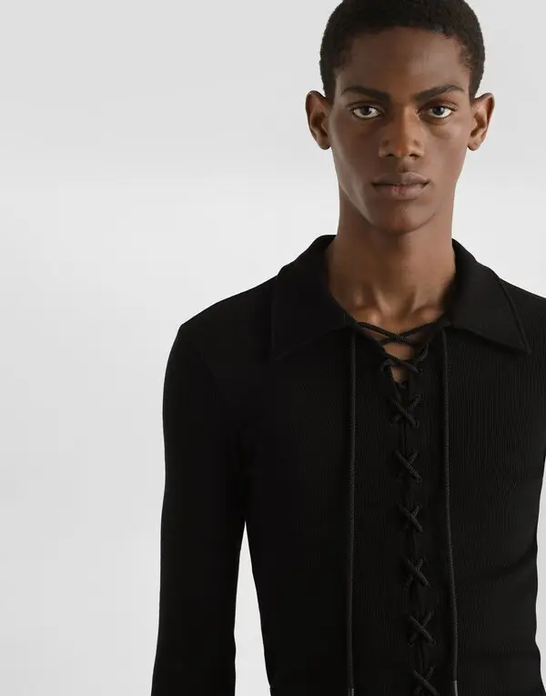 Dolce & Gabbana Long-sleeved Interlock Jersey Polo-shirt With Laces