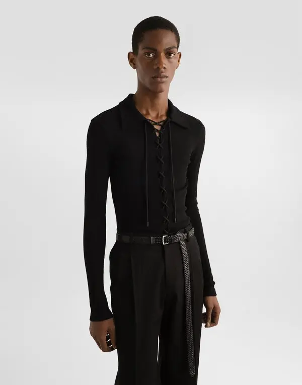 Dolce & Gabbana Long-sleeved Interlock Jersey Polo-shirt With Laces
