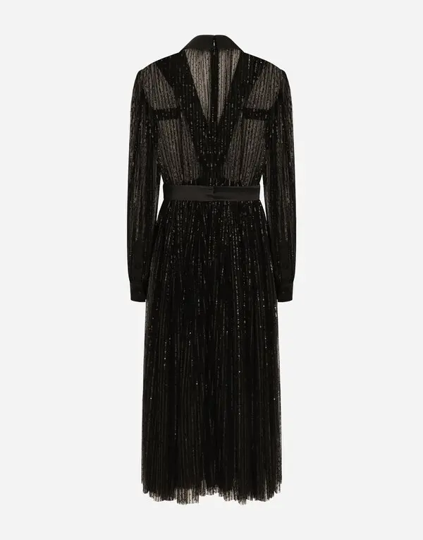 Dolce & Gabbana Tulle Tuxedo Shirt Dress With Sequin Embellishment - Black
