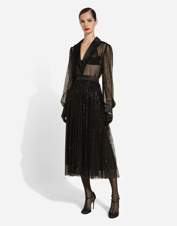 Dolce & Gabbana Tulle Tuxedo Shirt Dress With Sequin Embellishment - Black