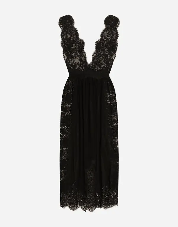 Dolce & Gabbana Calf-length Chantilly Lace Dress With Organzine Details - Black