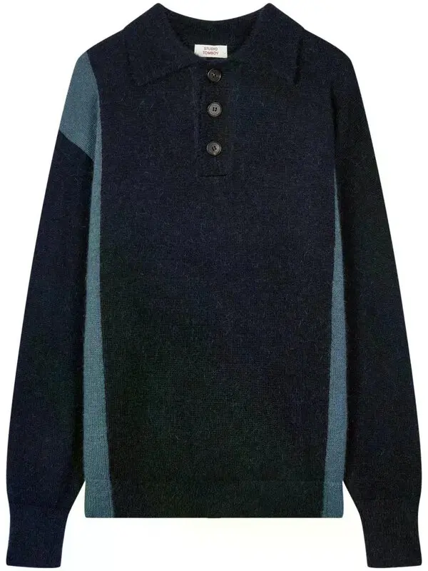 STUDIO TOMBOY Fine-knit Polo Shirt With Color-block Design - Blue