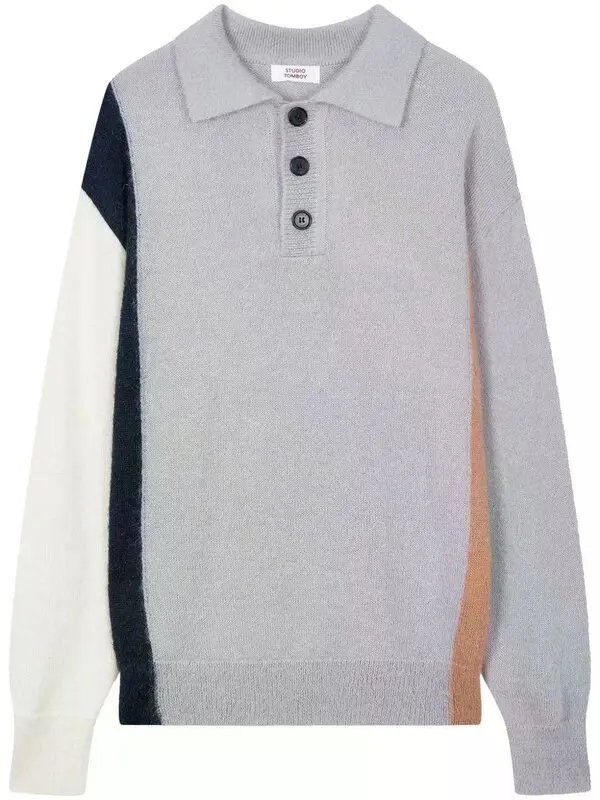 STUDIO TOMBOY Fine-knit Color-blocked Polo Shirt - Grey
