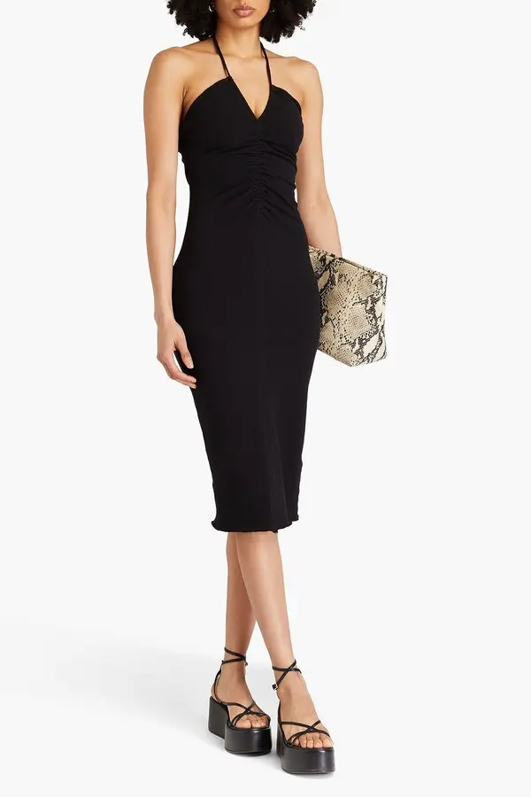 james perse ruched midi dress James Perse Ruched Halterneck Midi Dress In Black - 65% Off