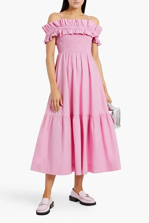 ganni shirred cotton-poplin midi dress Ganni Cold-Shoulder Shirred Cotton-Poplin Midi Dress In Pink - 80% Off