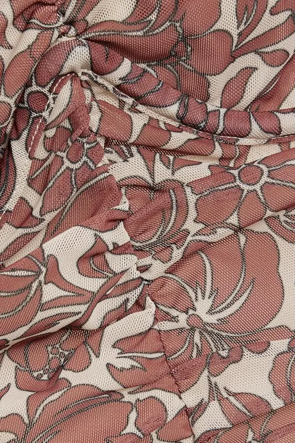 Bec & Bridge Priya Ruched Floral-Print Stretch-Mesh Midi Dress In Brown -  50% Off