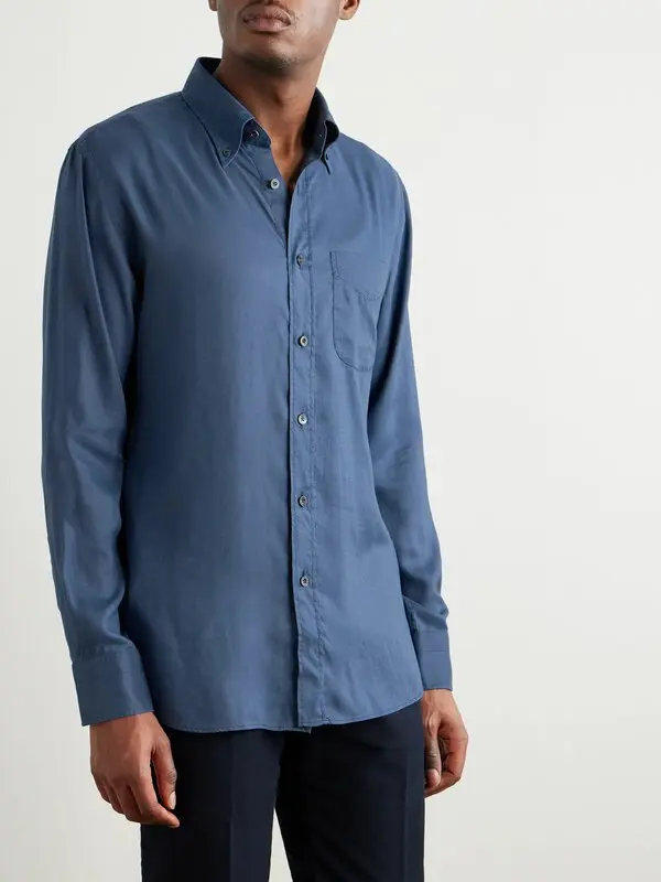 TOM FORD Button-down Collar Garment-dyed Lyocell Shirt - Blue