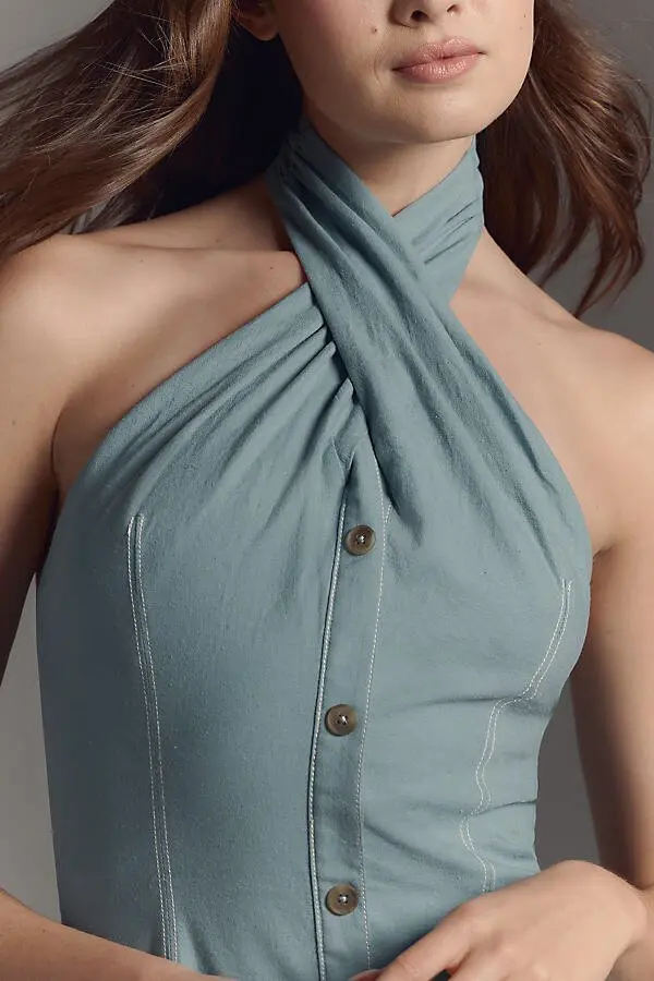 blue halter neck formal dress Sparkly Blue Prom Dresses with Pockets Halter Neck Formal Gown 21890 Blue / 24W main image 1