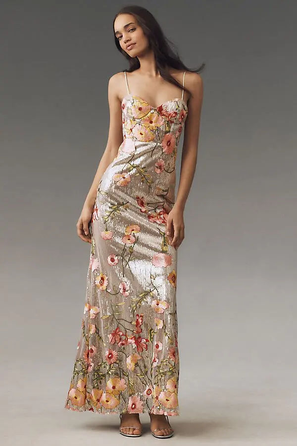 Mac Duggal All-Over Sequin Floral Embroidered Maxi Dress In Silver Multi -  30% Off | Editorialist