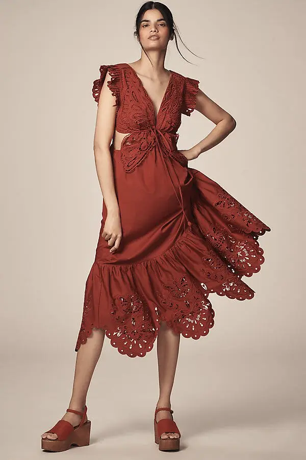 knee length dresses for ladies Shop for Red Garden Delight Long Sleeve Midi Dress main image 0