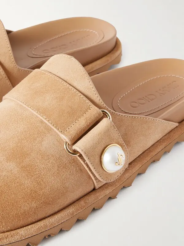 JIMMY CHOO Fayence Faux Pearl-embellished Suede Mules - Brown