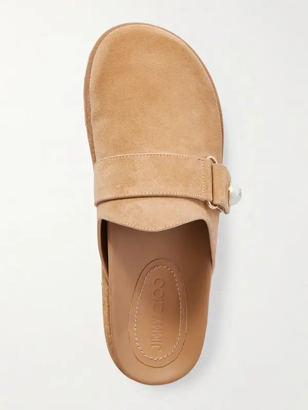 JIMMY CHOO Fayence Faux Pearl-embellished Suede Mules - Brown