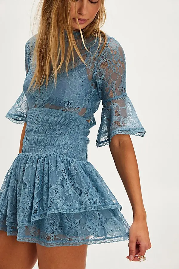 Free People Lala Lace Mini Dress In Baby Denim - 69% Off | Editorialist