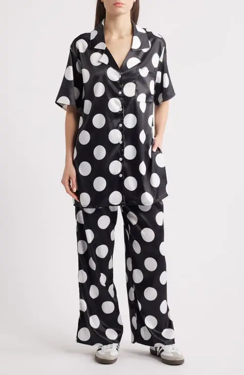 DRESSED IN LALA Dream So Big Polka Dot Satin Button-up Shirt & Wide Leg Pants Set - Black/ White