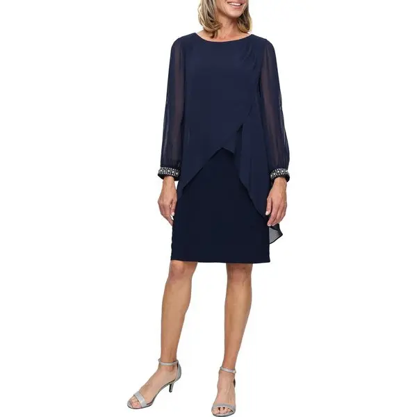 SL FASHIONS Cold Shoulder Capelet Cocktail Dress - Navy