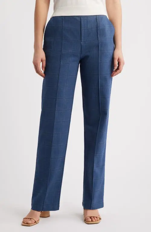 Hue Pintuck Plaid Wide Leg Pull-on Pants - Medium Wash
