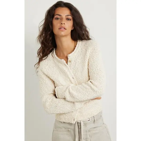 Treasure & Bond Fitted Textured Cotton Cardigan - Ivory Dove