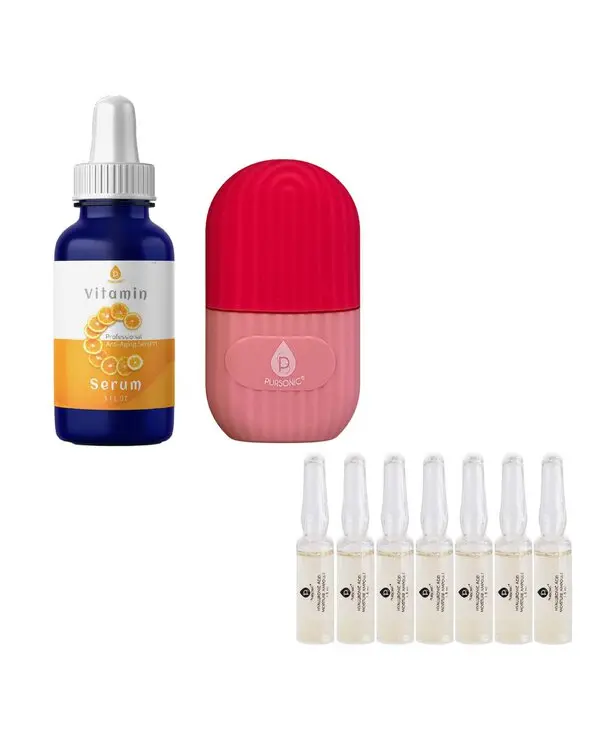 PURSONIC Radiant Glow & Refresh Skincare Bundle: Ice Cube Facial Roller Massager + Vitamin C Serum + Hyaluronic Acid Ampoule Set - Pink