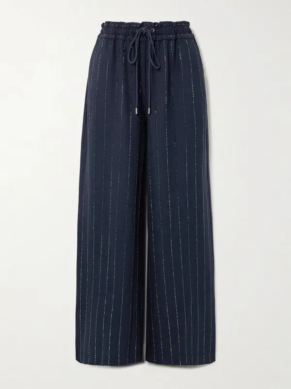 SELF-PORTRAIT Crystal-embellished Pinstriped Crepe Pants - Blue