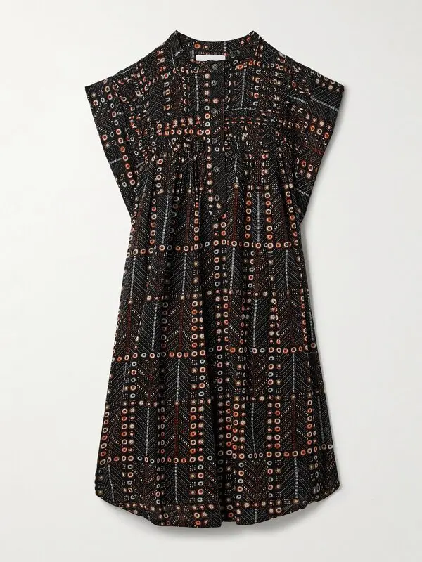 MARANT ETOILE Leazali Pintucked Printed Mini Dress - Black