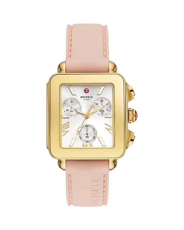 Michele Deco Sport Chronograph 18k Gold Plated Watch - White/pink