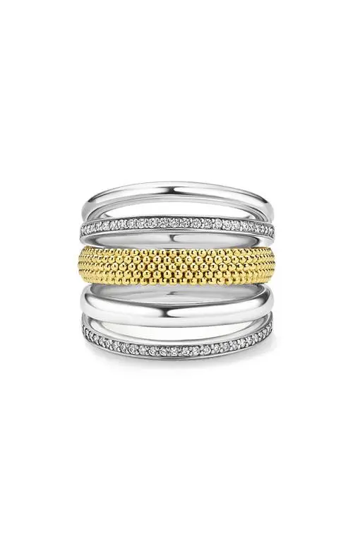 Lagos Caviar Lux Pavé Diamond Ring In Sterling Silver And 18k Gold - Two-tone