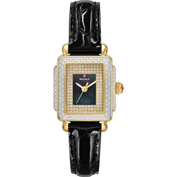 Michele Mini Deco Madison Special Edition Two-tone Diamond Pavé Leather Strap Watch - Black