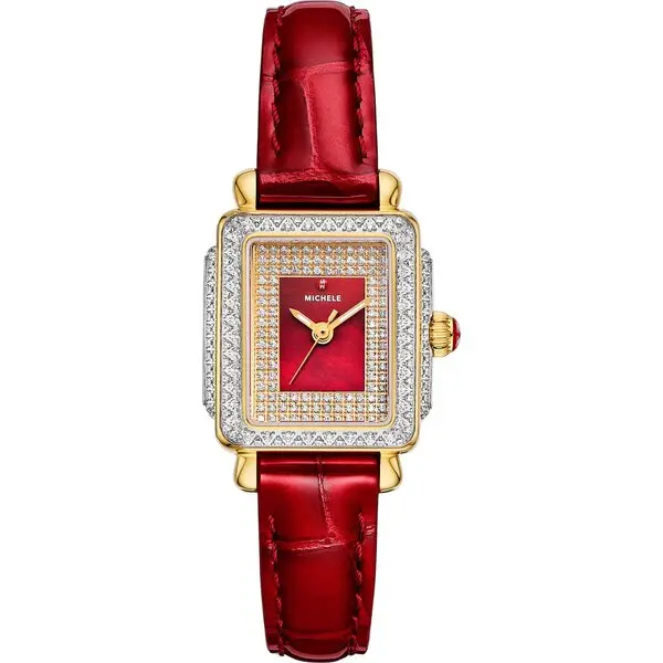 Michele Mini Deco Madison Special Edition Two-tone Diamond Pavé Leather Strap Watch - Two Tone / Red