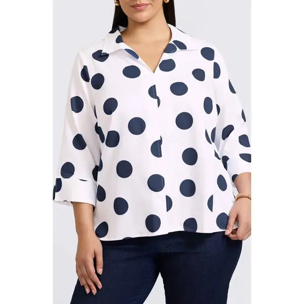 Foxcroft Agnes Polka Dot Popover Top - White/ Navy
