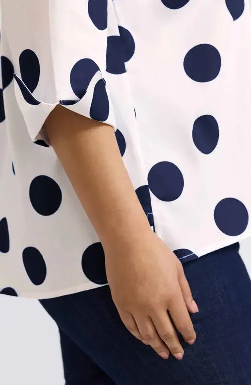 Foxcroft Agnes Polka Dot Popover Top - White/ Navy