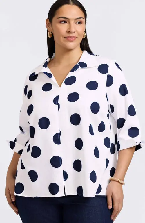 Foxcroft Agnes Polka Dot Popover Top - White/ Navy