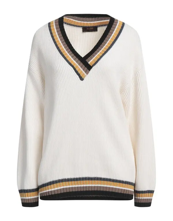 MOORER Striped V-neck Sweater - White