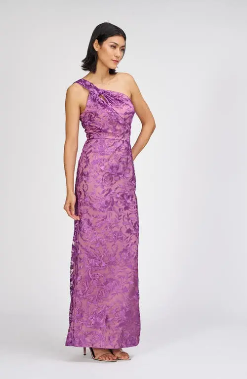 Js Collections Samantha Floral Embroidery One-Shoulder Gown In Violet Rose  - 79% Off | Editorialist