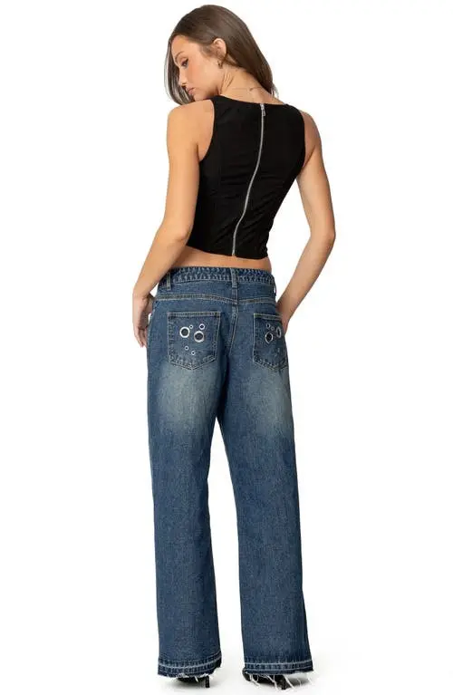 EDIKTED Davis Grommet Low Rise Wide Leg Jeans