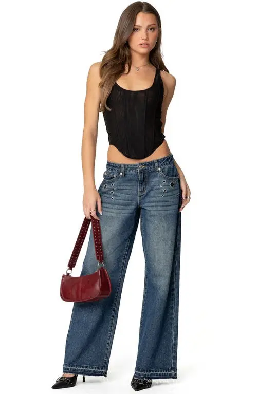 EDIKTED Davis Grommet Low Rise Wide Leg Jeans