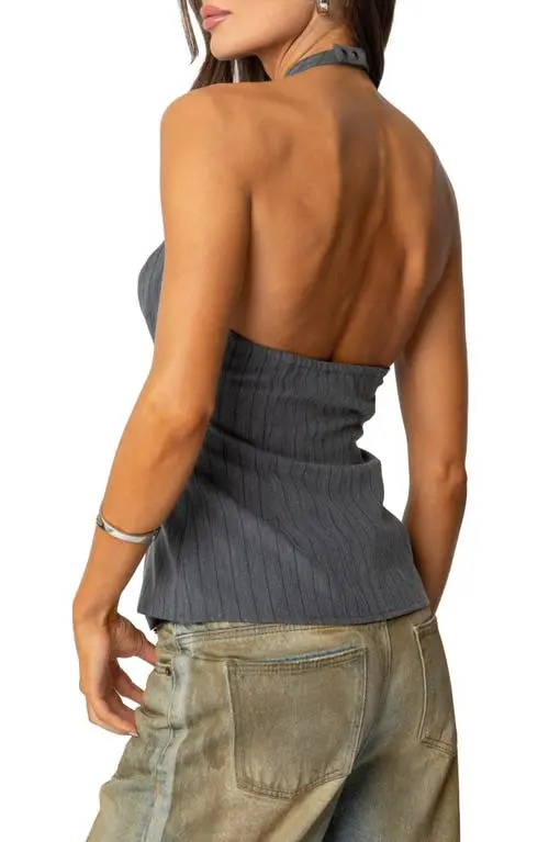 EDIKTED Pinstripe Split Front Halter Top