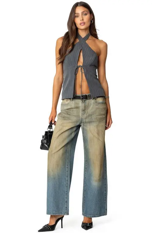 EDIKTED Pinstripe Split Front Halter Top
