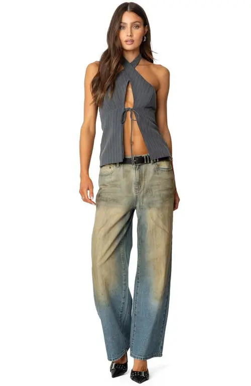 EDIKTED Pinstripe Split Front Halter Top
