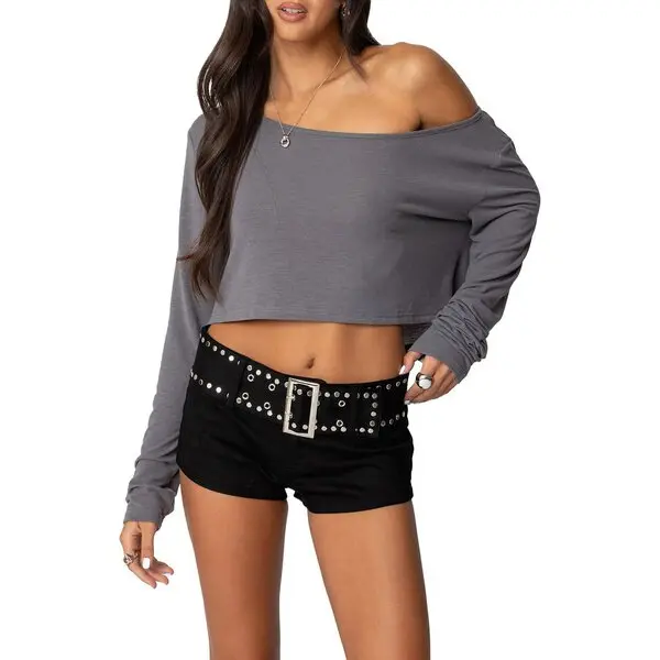 EDIKTED One-shoulder Long-sleeve Crop Top - Gray