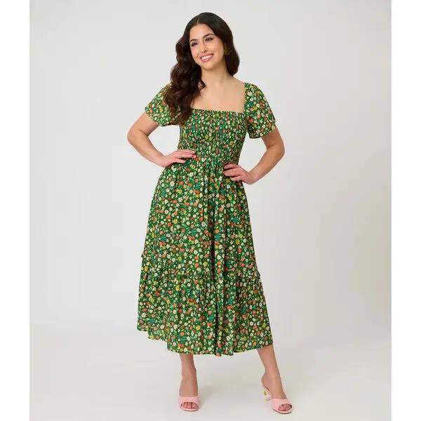 Unique Vintage Smocked Bodice Tiered Midi Dress - Green Strawberry Print