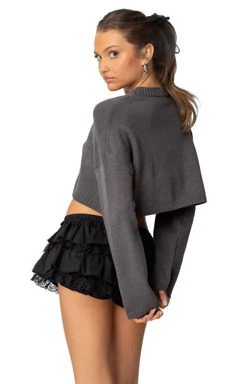 EDIKTED Bow Crewneck Crop Sweater - Gray
