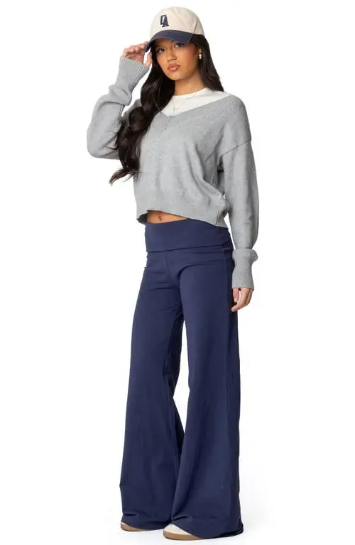 EDIKTED Wide Leg Foldover Pants - Navy