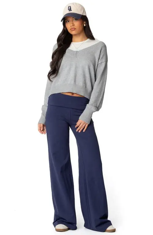 EDIKTED Wide Leg Foldover Pants - Navy